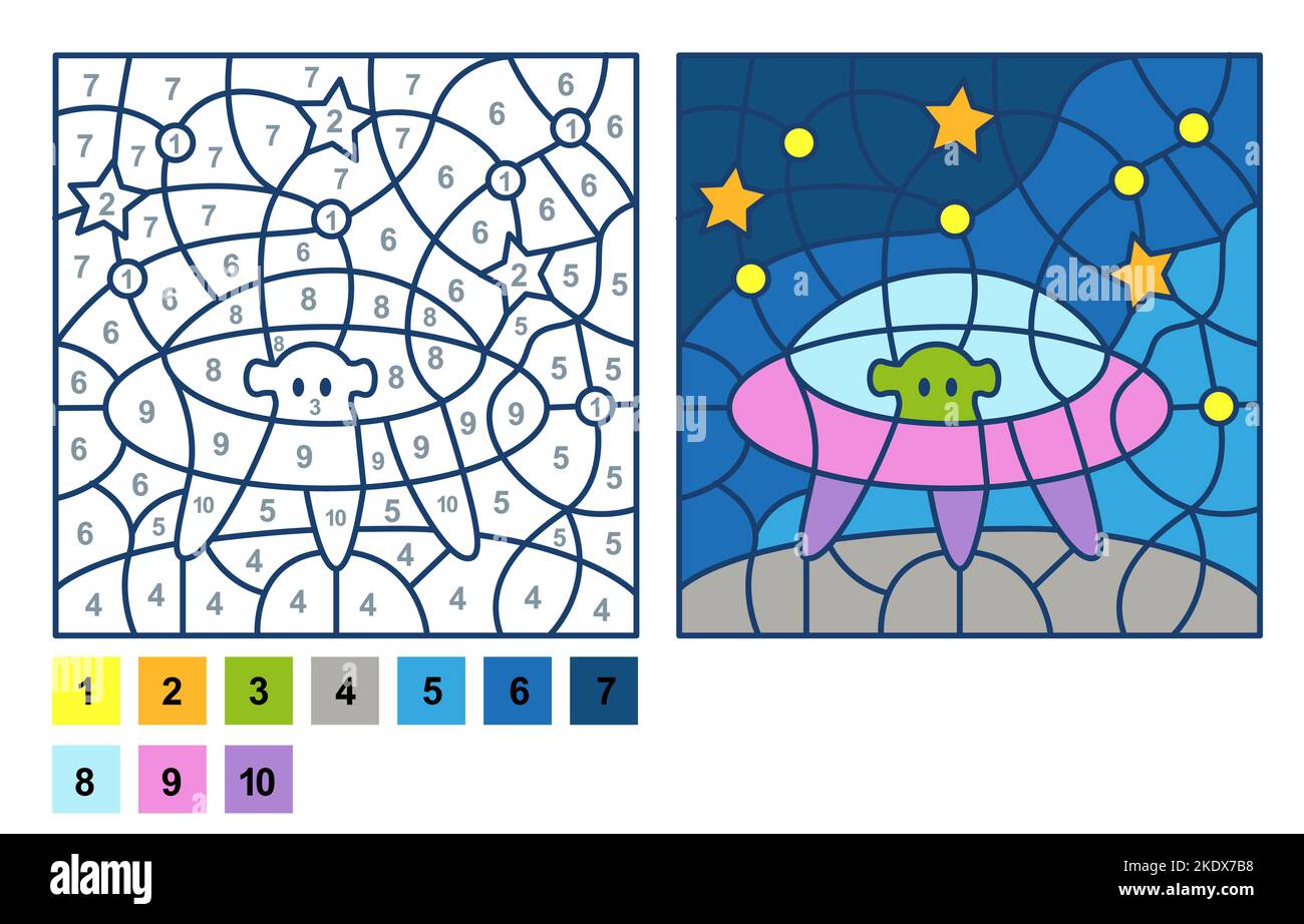 Vector coloring book page, Puzzle game, Color by number UFO alien Stock ...