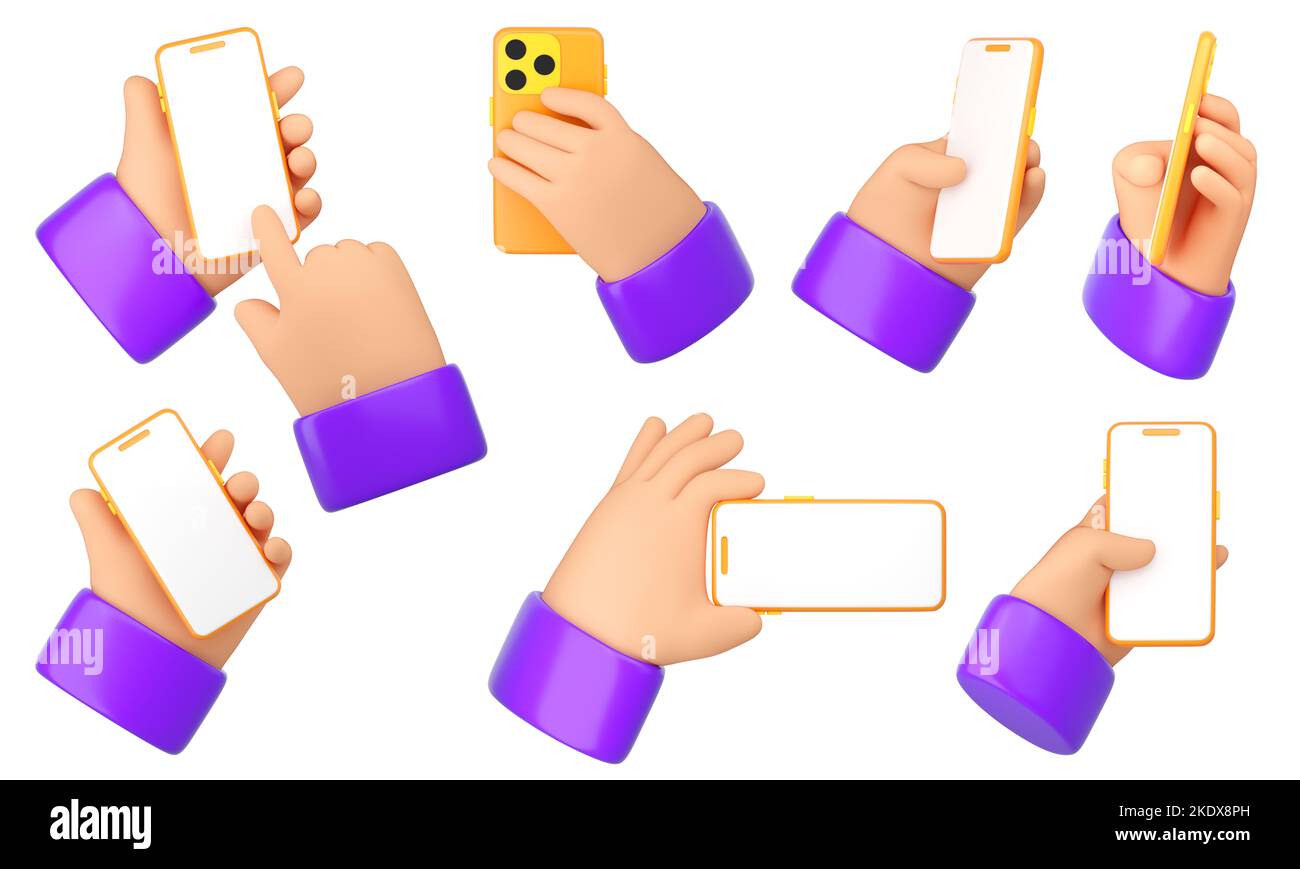 3d cartoon human hands holding smartphone set. Using mobile phone ...