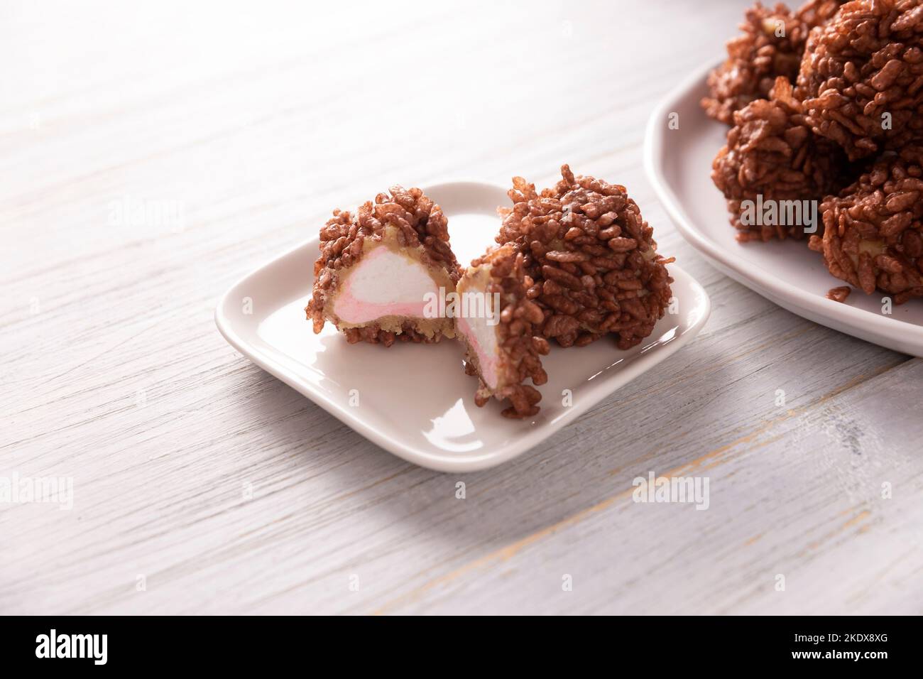 Homemade Caramel Marshmallows covered in chocolate flavor puffed rice ...
