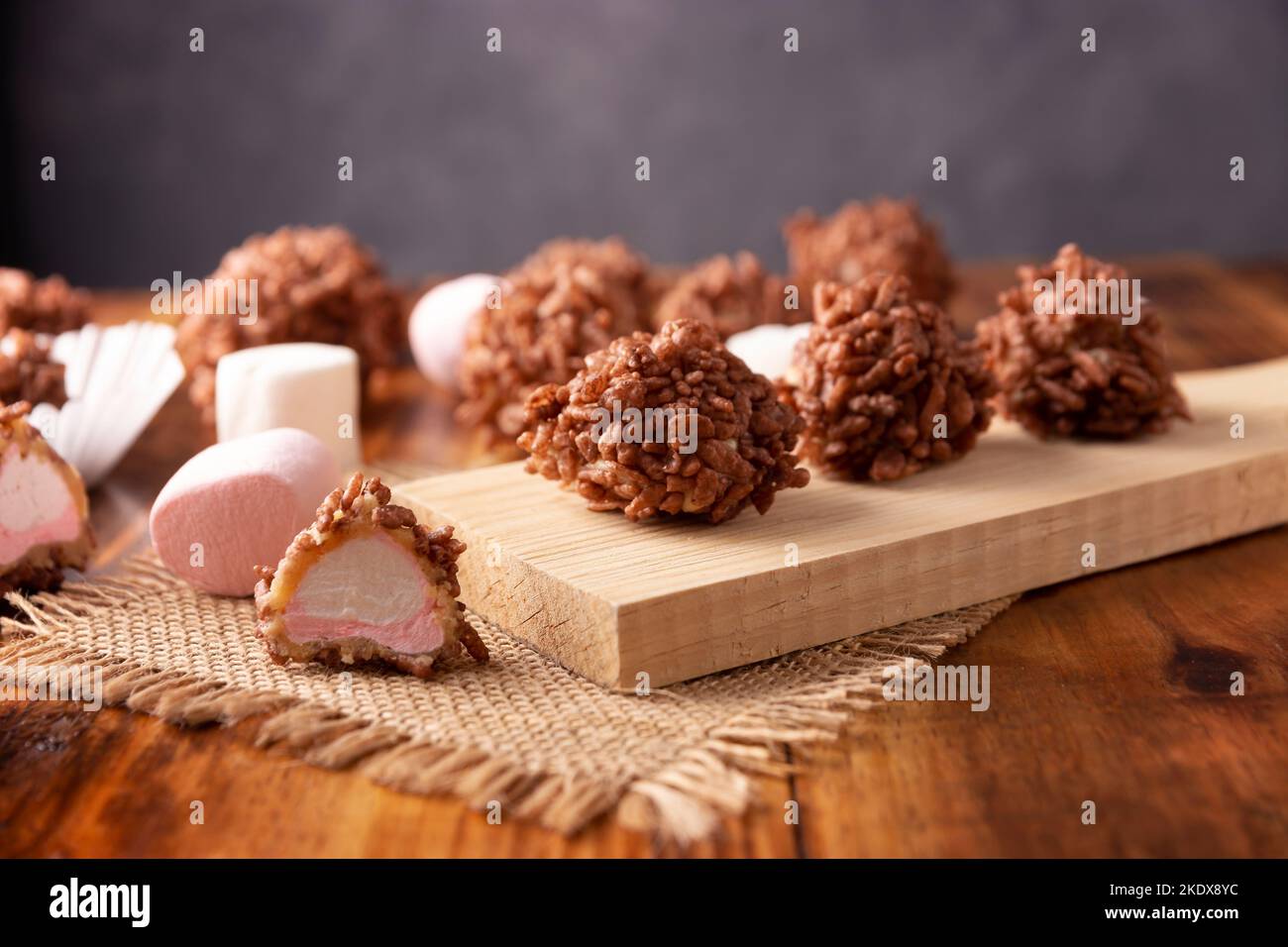 Homemade Caramel Marshmallows covered in chocolate flavor puffed rice ...