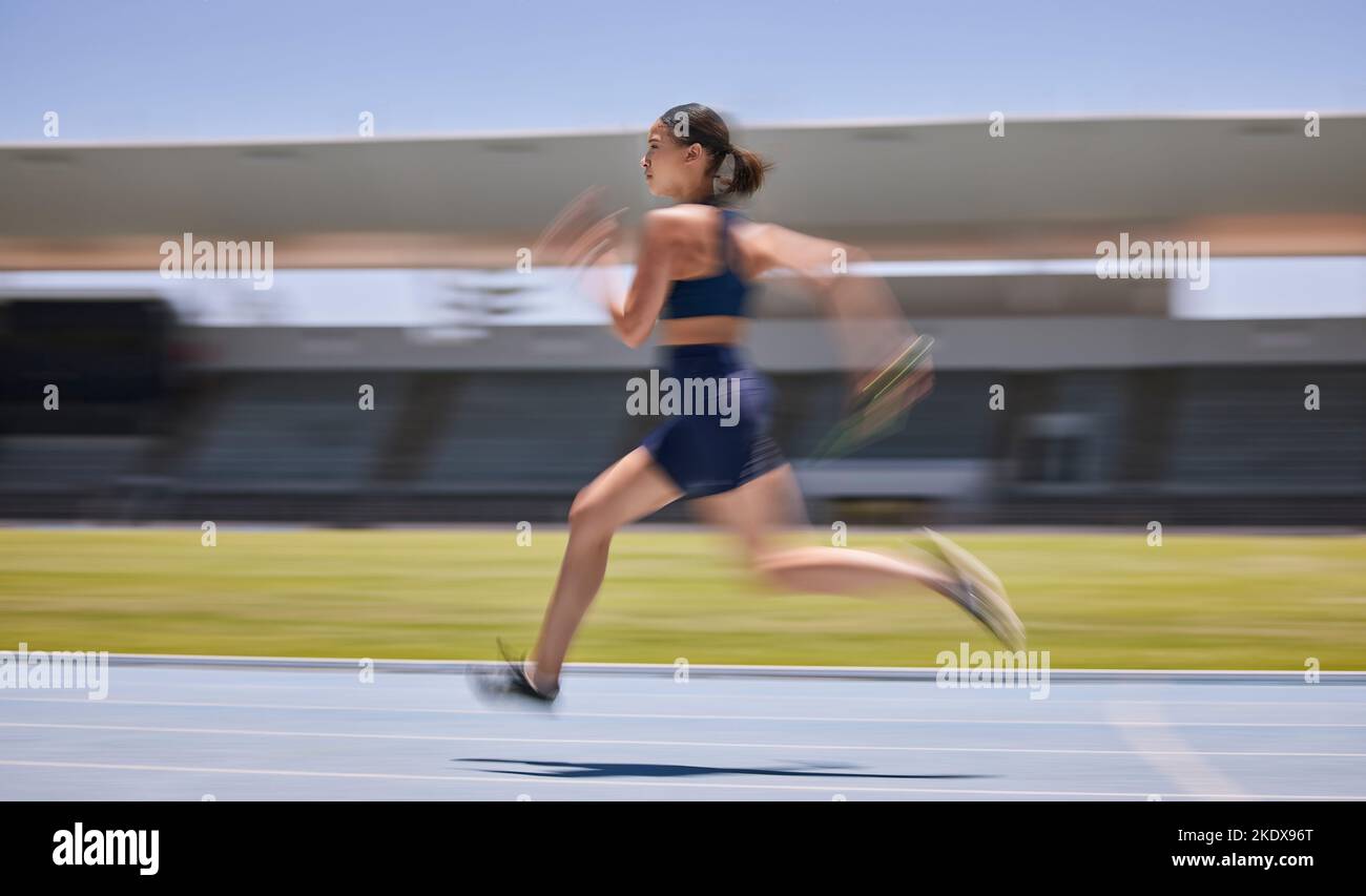 Woman, motion blur or running on stadium track in fitness training ...