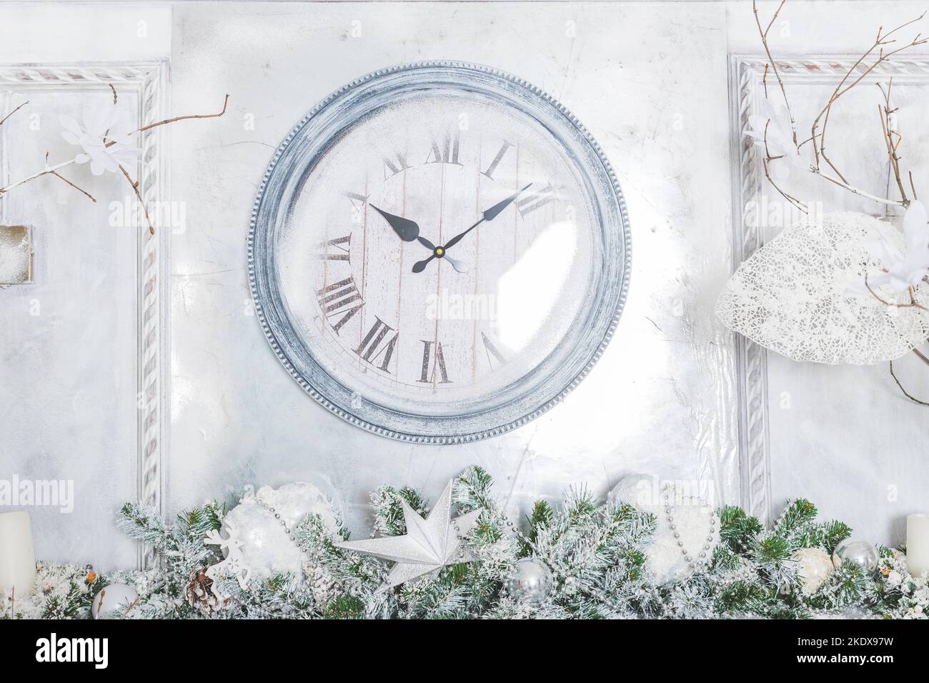 Round wooden clock on white wall,, celebration, home decoration, magic ...