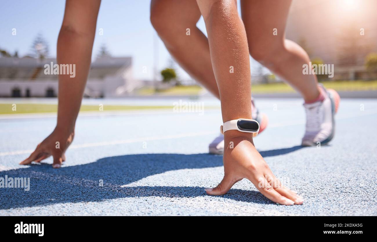 Woman athlete, runner and start training, fitness and exercise for race ...