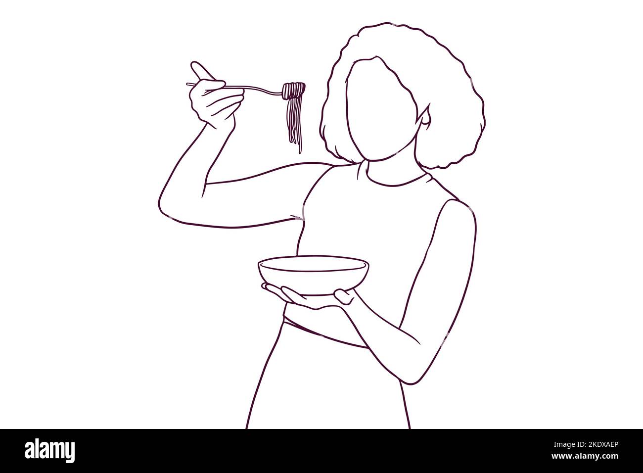 beautiful woman eating a noodle. hand drawn style vector illustration ...