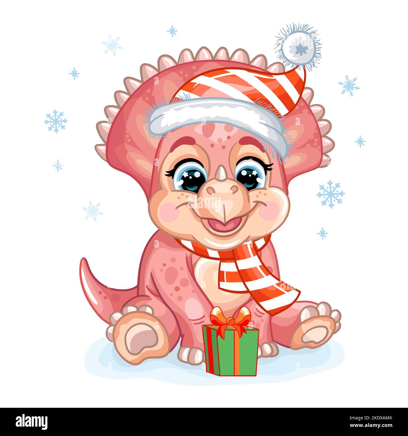 Cute pink baby triceratops sitting with christmas gifts. Cartoon ...