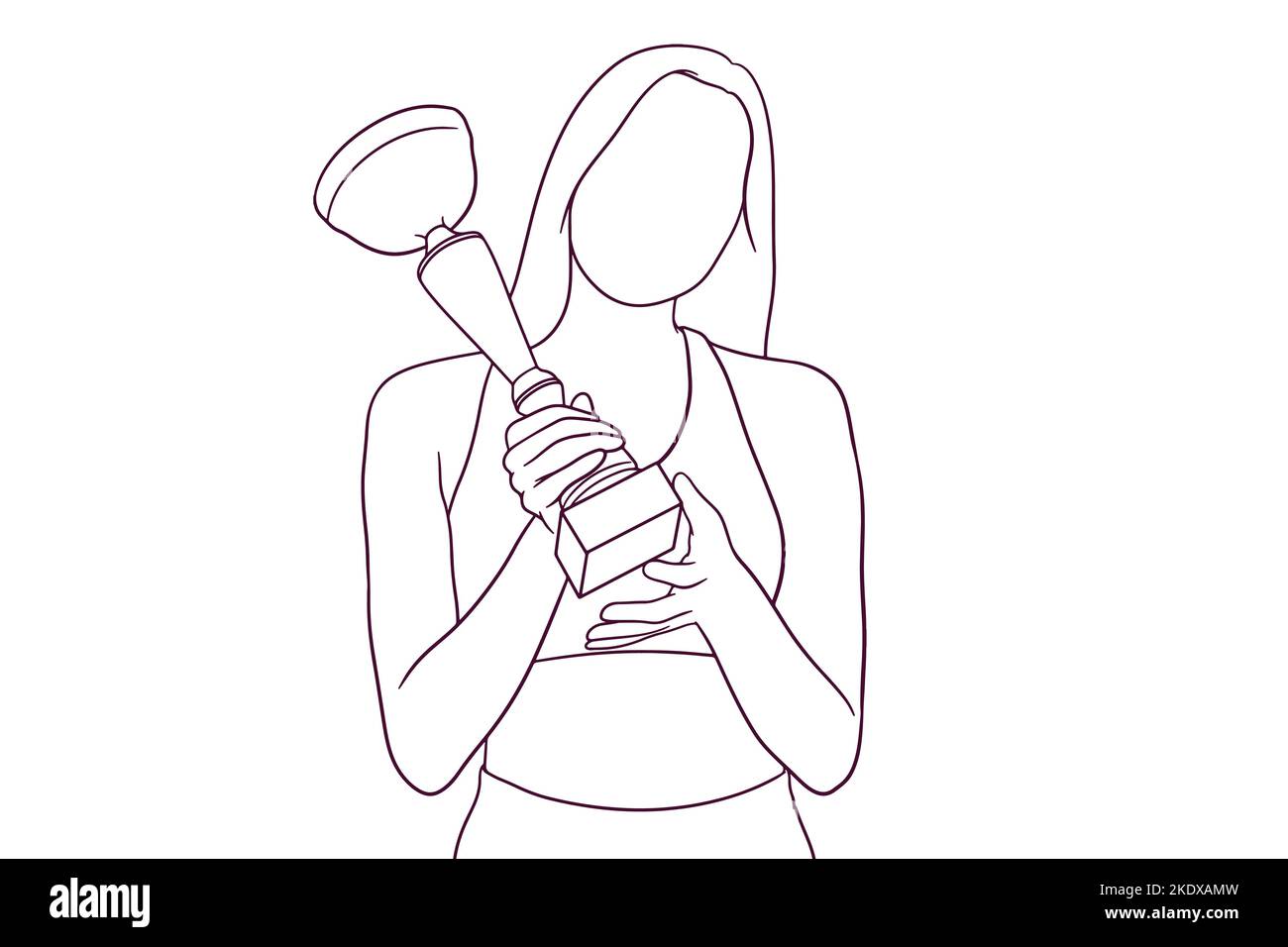 happy young woman holding a trophy. winner concept. hand drawn style ...