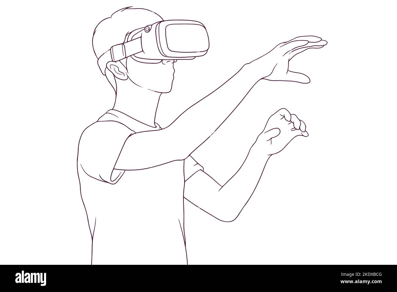Young man using virtual reality headset hand drawn style vector ...