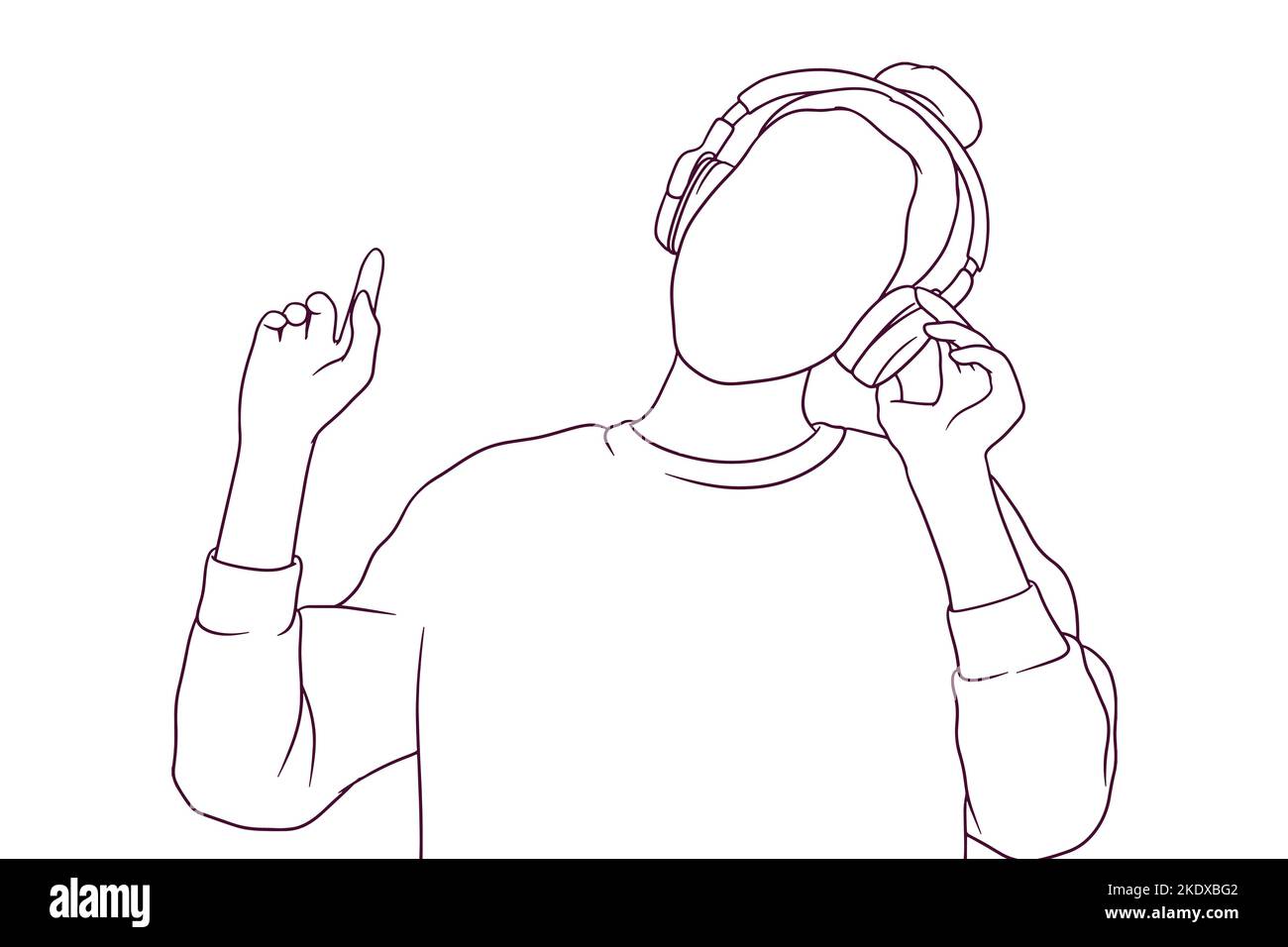 young woman listening music hand drawn style vector illustration Stock ...