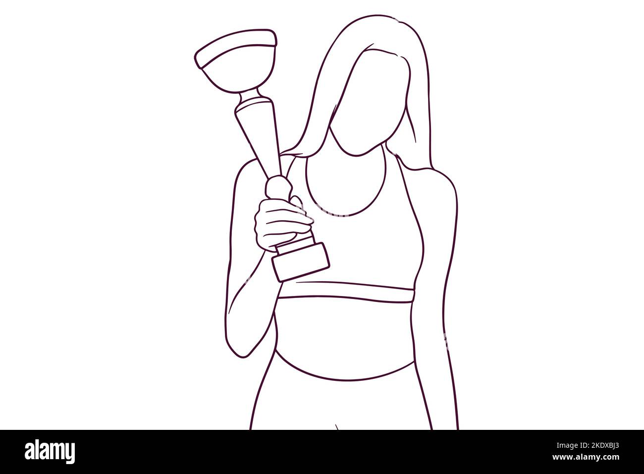 happy young woman holding a trophy. hand drawn style vector ...