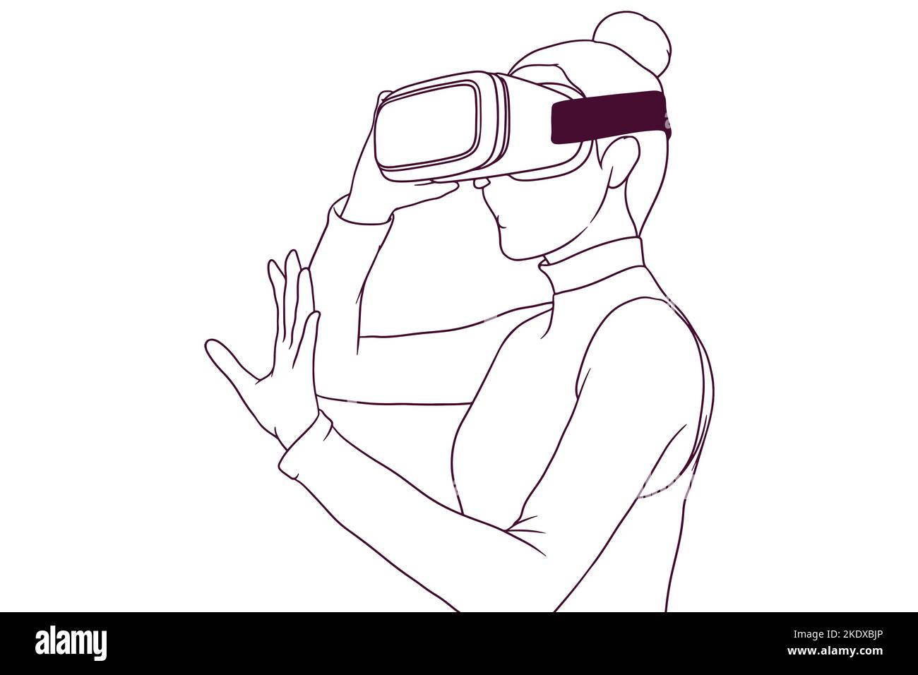 young beautiful girl wearing vr headset hand drawn style vector ...