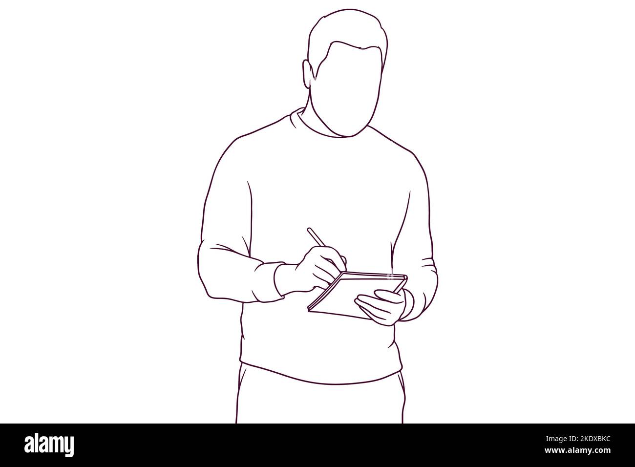 man standing while writing on note book hand drawn style vector ...