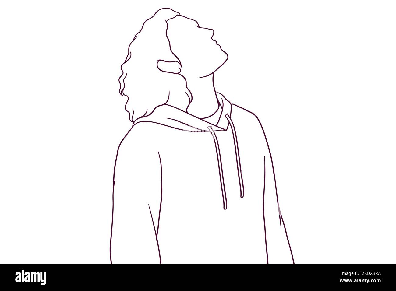 young man with hoodie looking up hand drawn style vector illustration ...