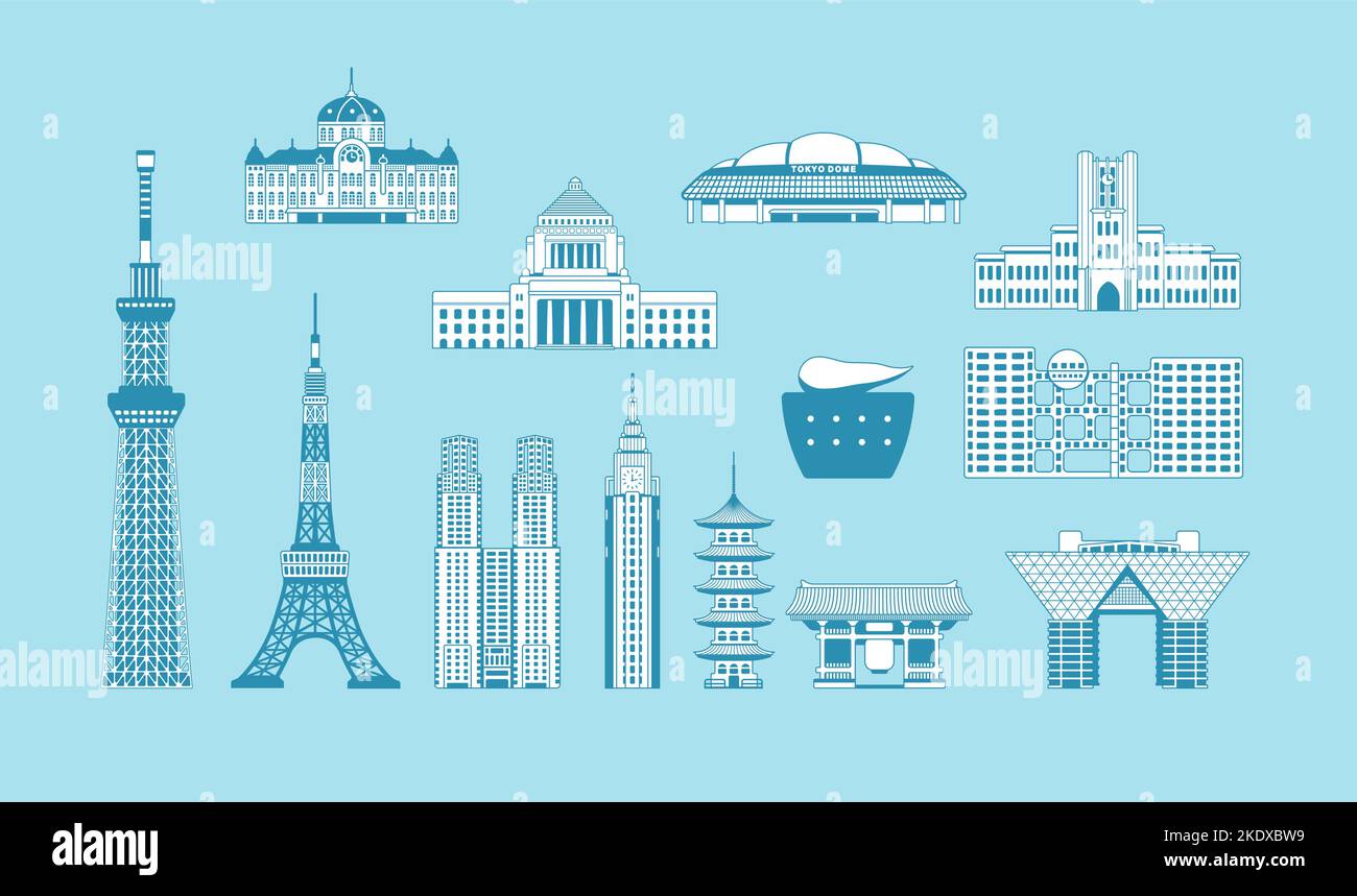 Tokyo landmark buildings (tower, temple etc.) illustration set ( manga ...