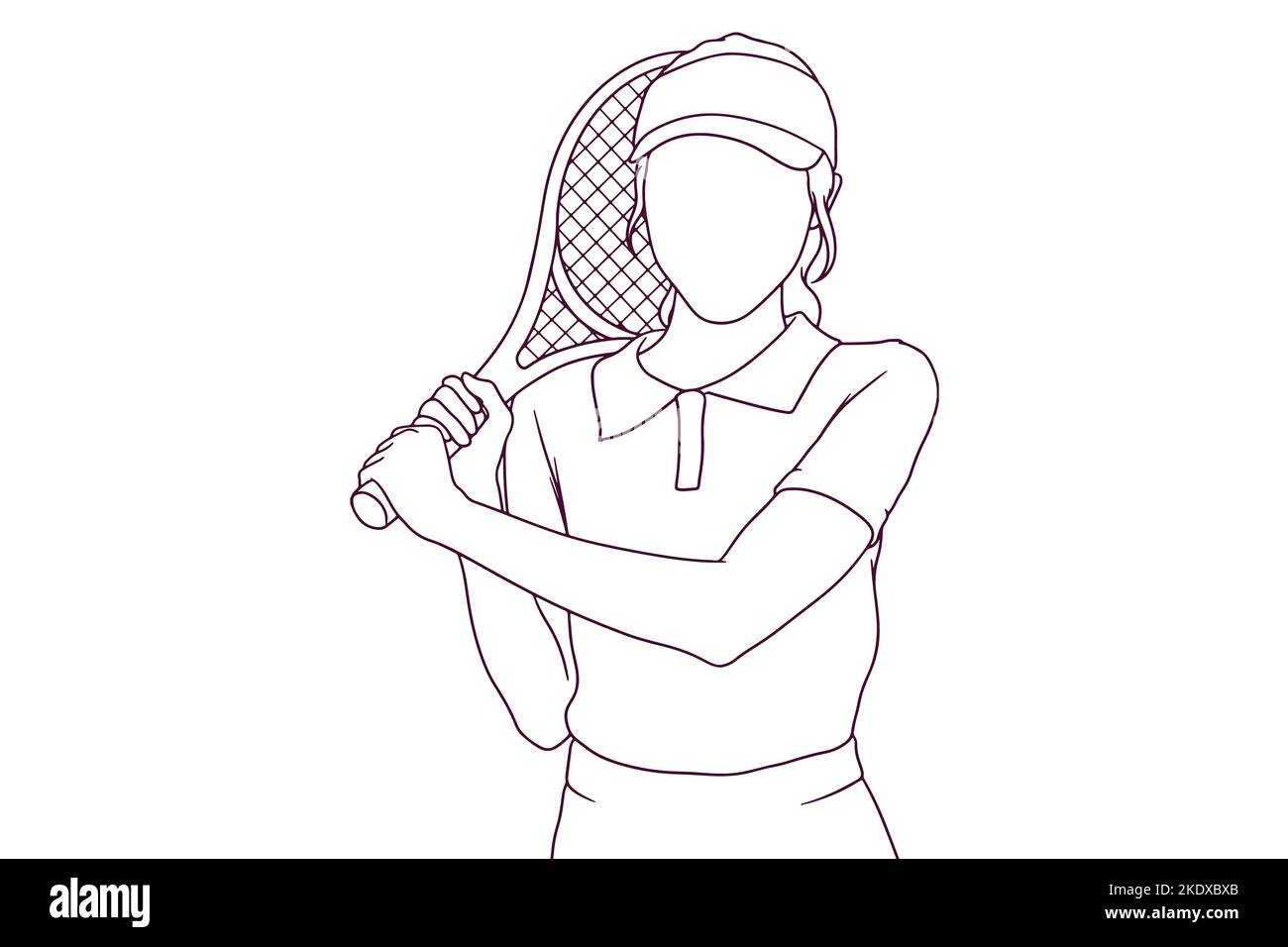 young girl holding a tennis racket hand drawn style vector illustration ...