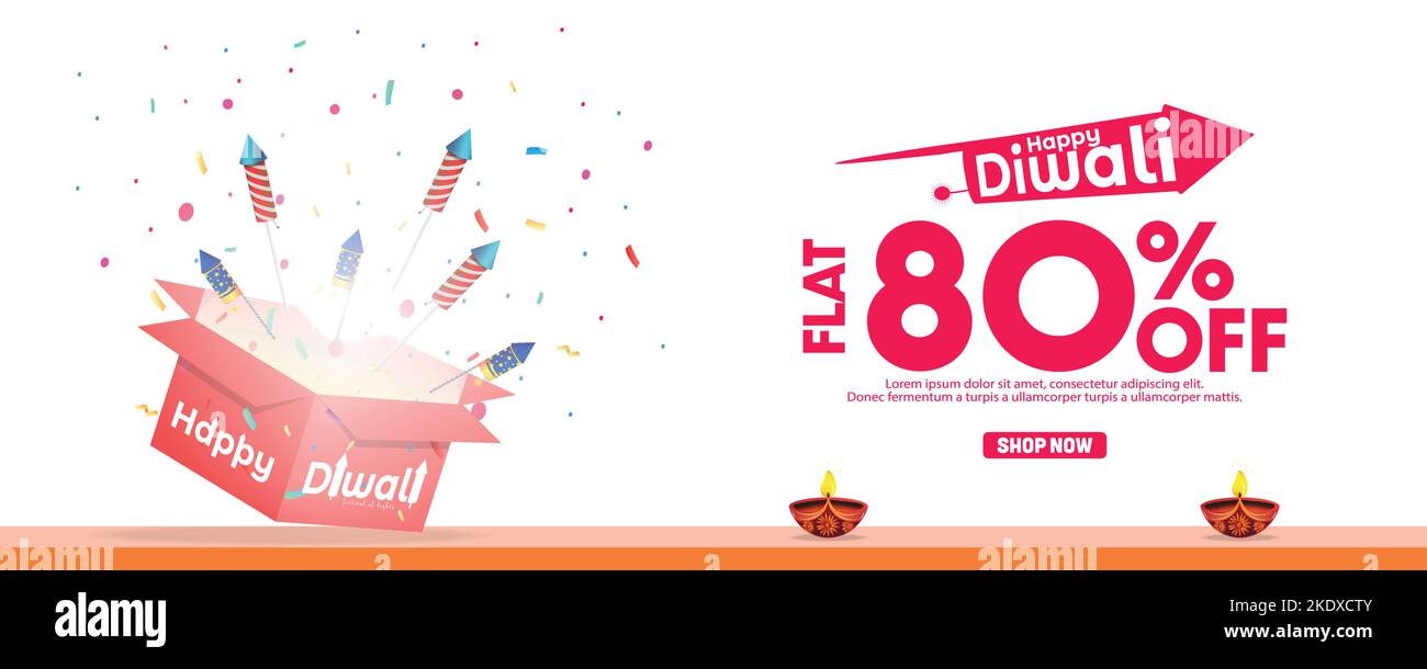 80% off Diwali Discount Sale. Banner design of colorful crackers coming ...