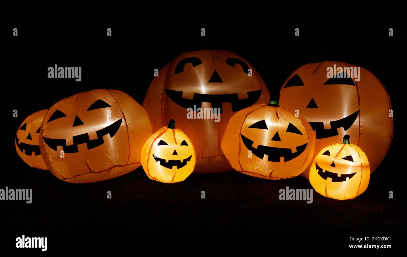 Inflatable pumpkins glowing in the dark for Halloween decorations Stock ...