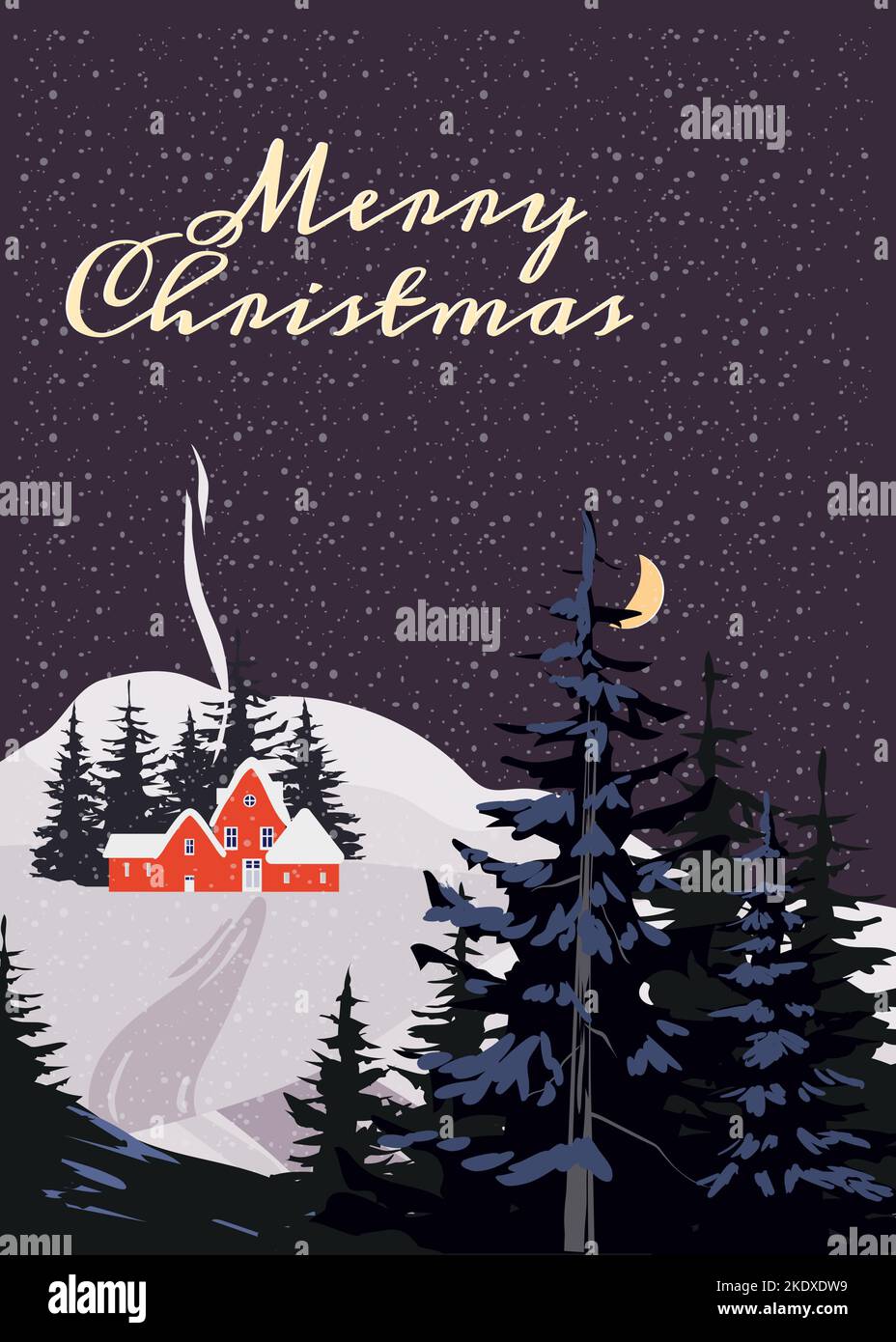 Merry Christmas. Winter village rural winter snow landscape, retro ...