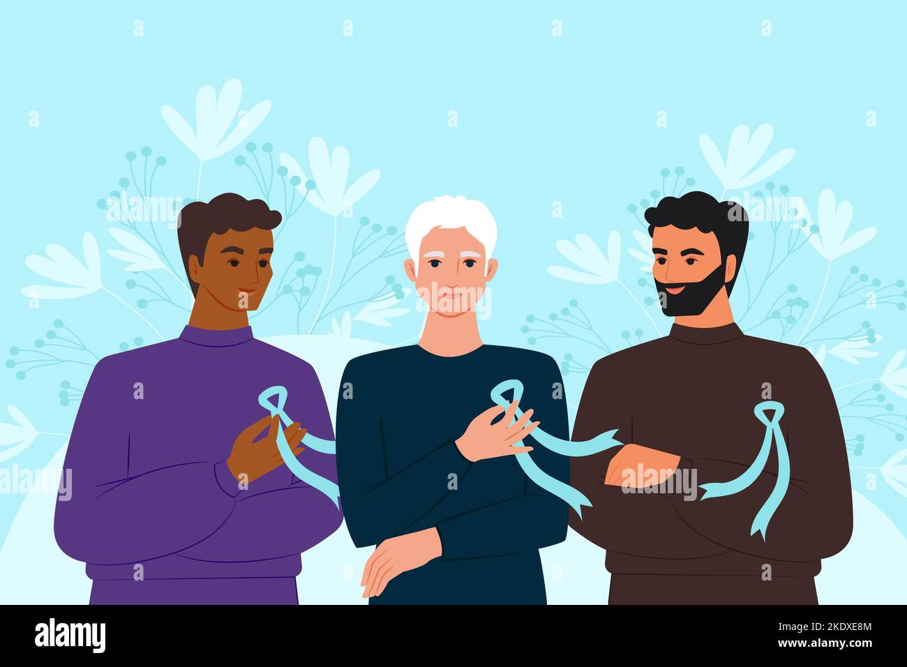 Group of young men with blue ribbons, symbol of prostate cancer ...