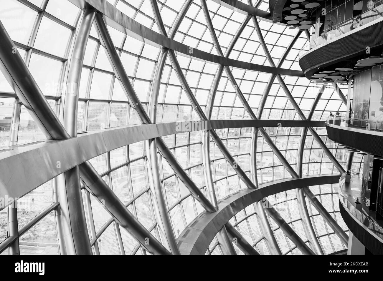 Interior and panoramic windows of round Sphere futuristic modern ...