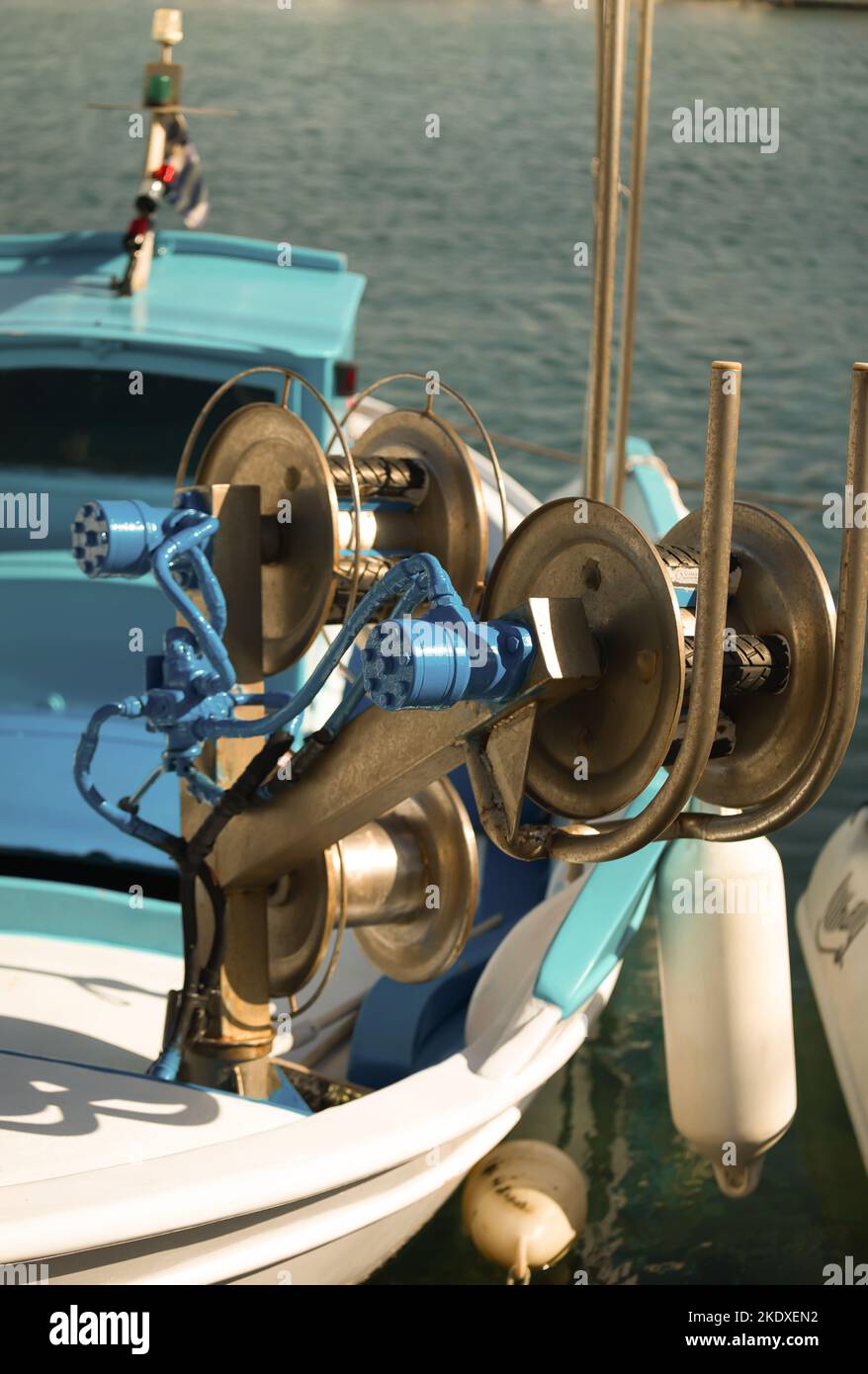Fishing net winches on boats deck . Close-Up Stock Photo - Alamy