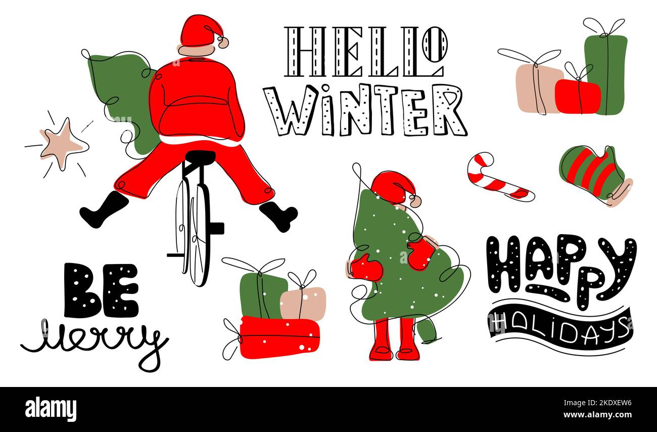 Set of Merry Christmas elements, quote lettering HELLO WINTER, BE MERRY ...