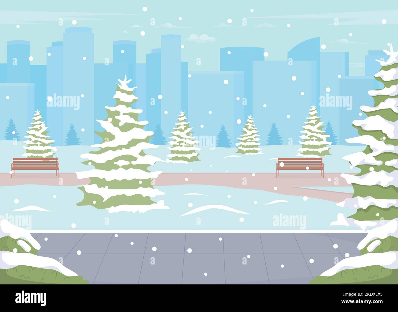 Winter park with evergreen trees flat color vector illustration Stock ...