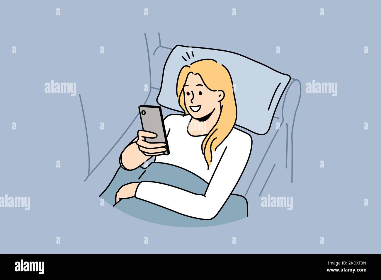 Happy girl lying on couch using cellphone texting or messaging. Smiling ...