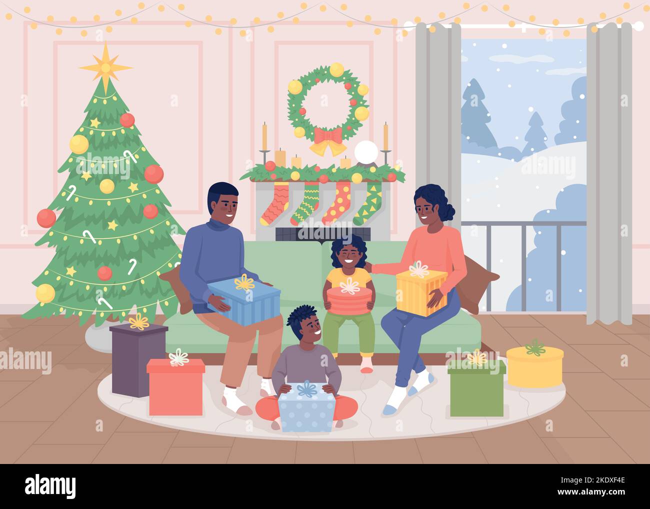 Unwrapping presents with family flat color vector illustration Stock ...