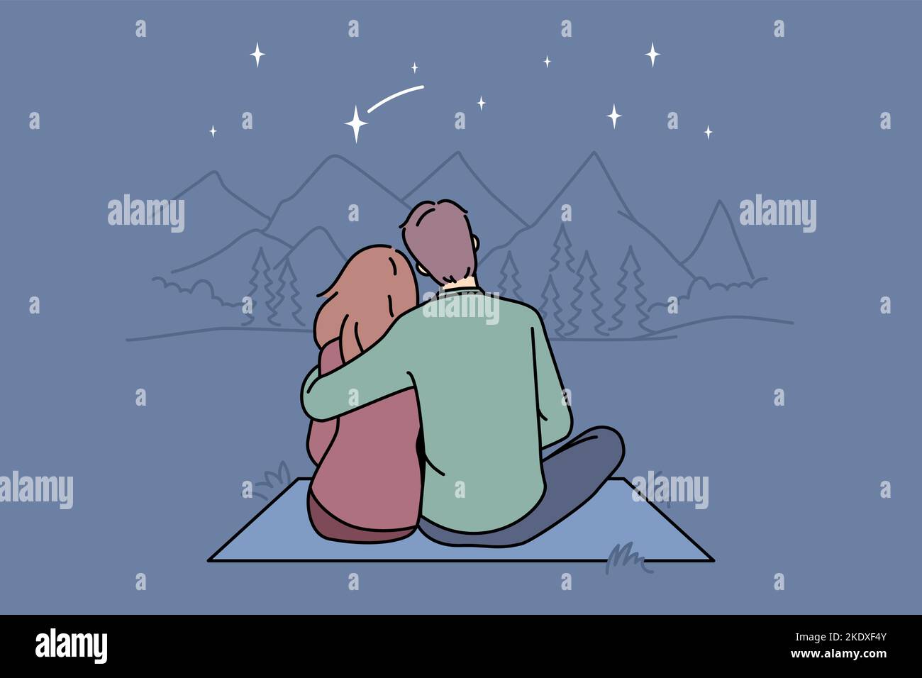 Happy couple sitting in mountains enjoying relaxing weekend together ...