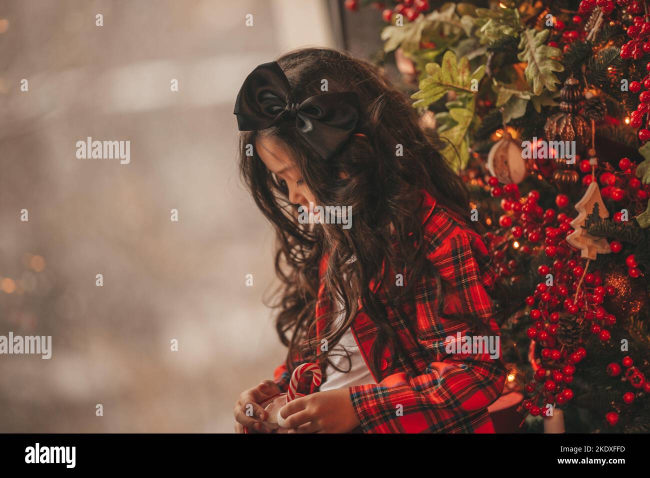 Happy japan little girl dreamer waiting miracle Santa enjoy sweets near ...