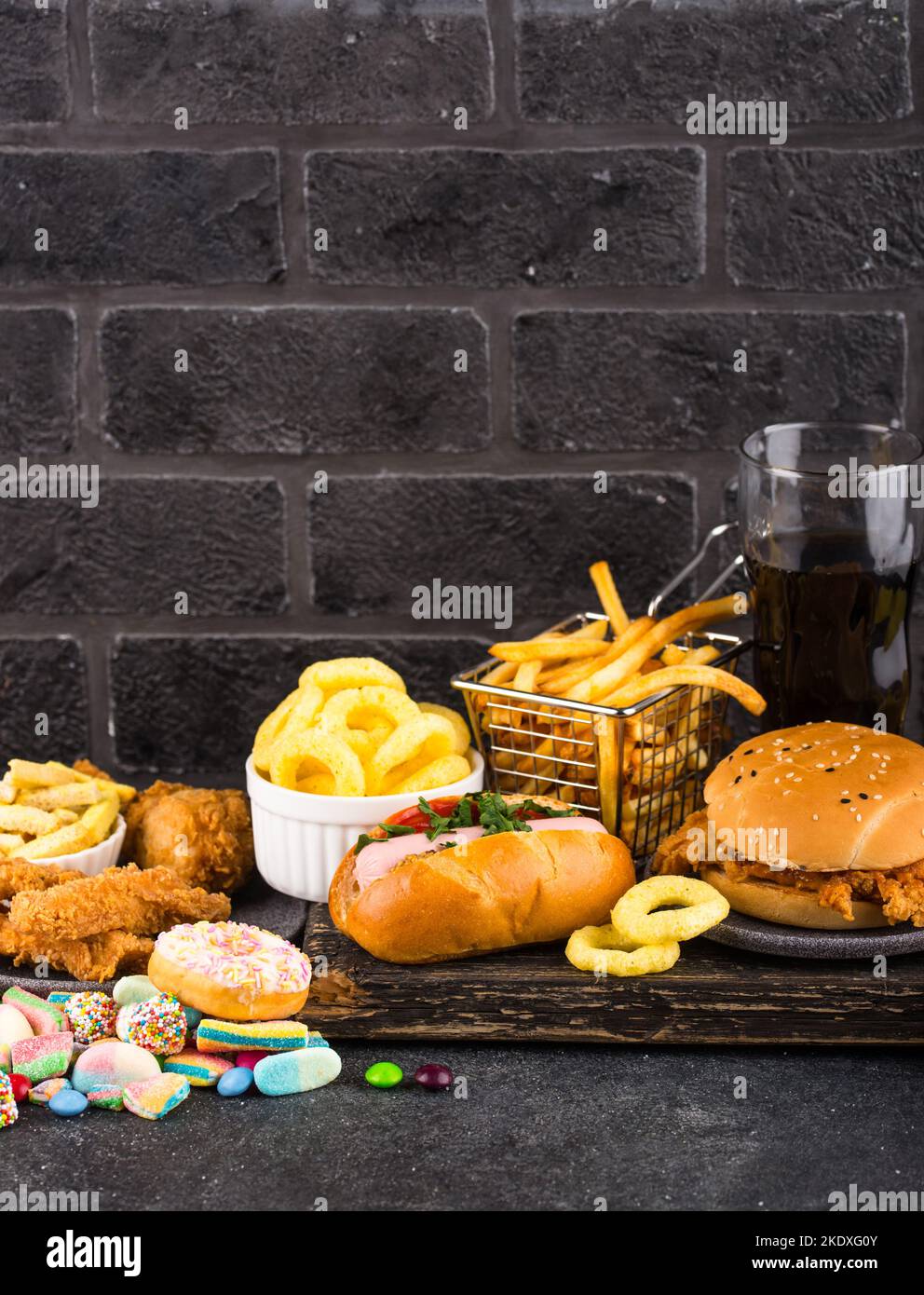 Assortment of various unhealthy junk food Stock Photo - Alamy