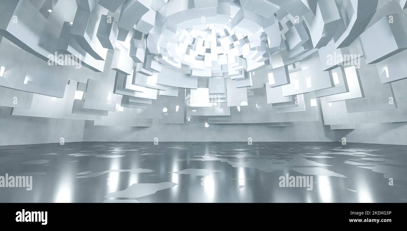 bright white and blue futuristic hall with metal elements 3d render ...