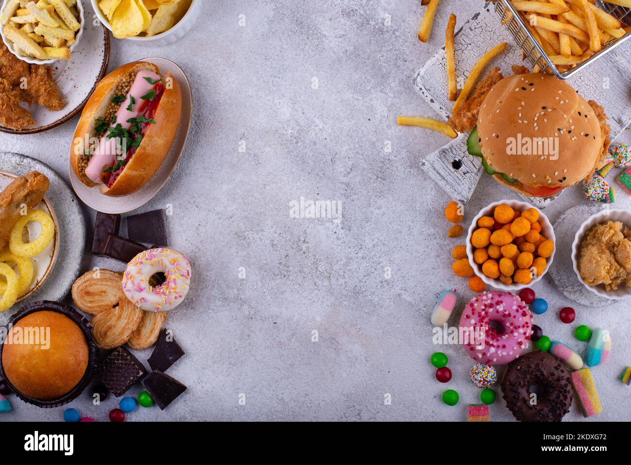 Assortment of various unhealthy junk food Stock Photo - Alamy