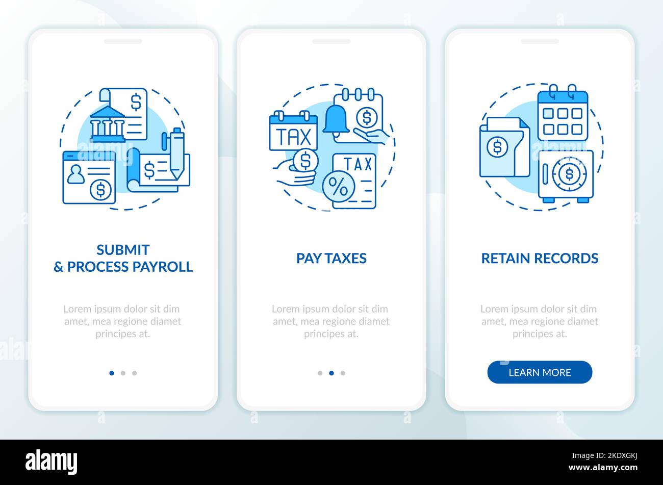 Stages of payroll processing blue onboarding mobile app screen Stock ...