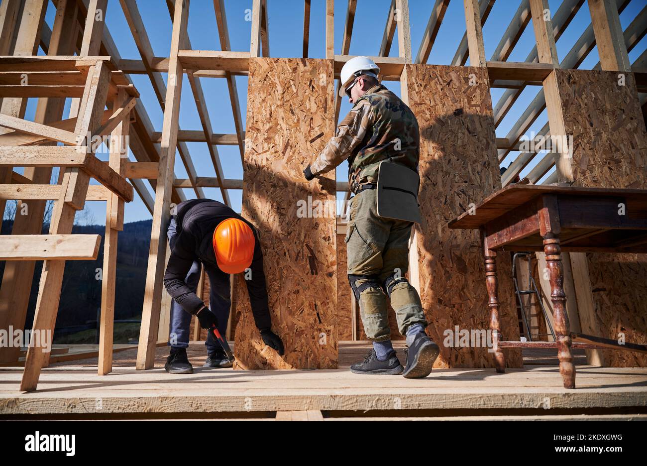 Carpenters hammering nail into OSB panel on the wall of future cottage ...