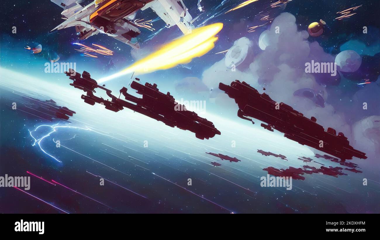 Space battle, spaceships are fighting, shooting from laser guns ...