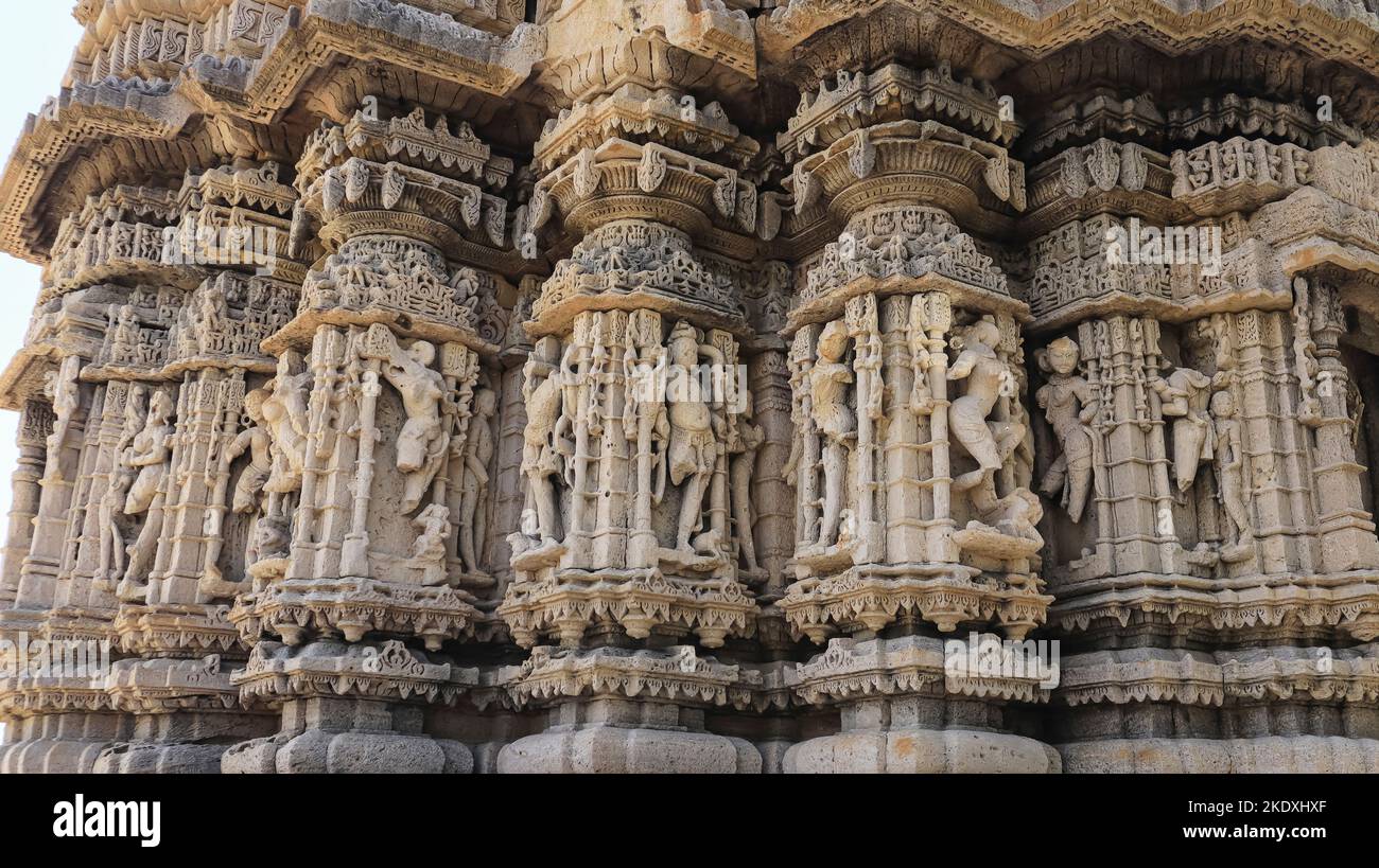 Sculptures of god and goddesses along with male and female figures on ...