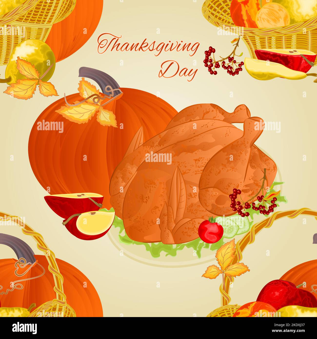 Seamless texture thanksgiving day turkey and fruits in a basket ...