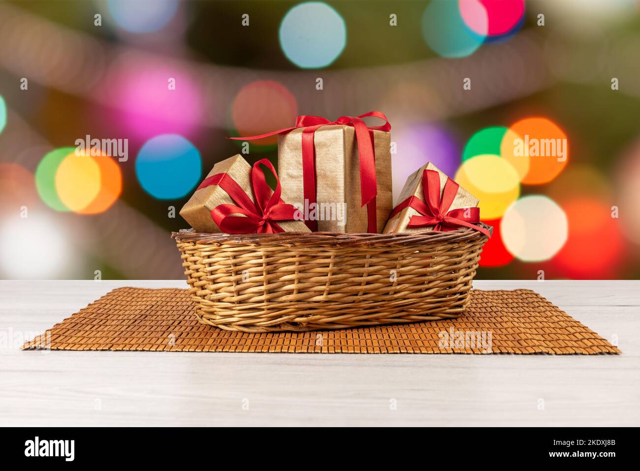 Wicker basket gift boxes hi-res stock photography and images - Alamy