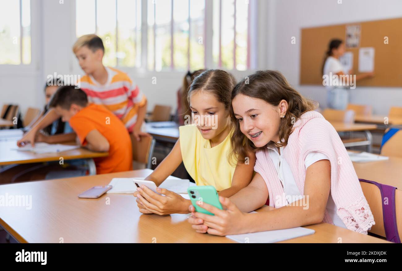 Interested preteen schoolchildren using phones during lesson in ...