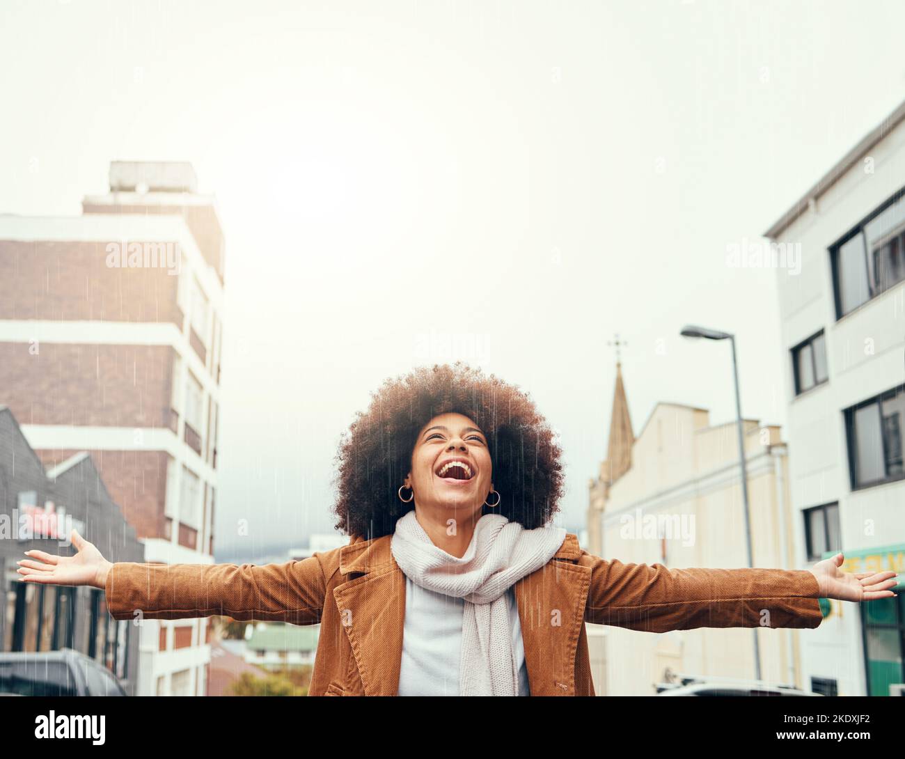 Smile, happy and black woman with gratitude in a city with freedom ...