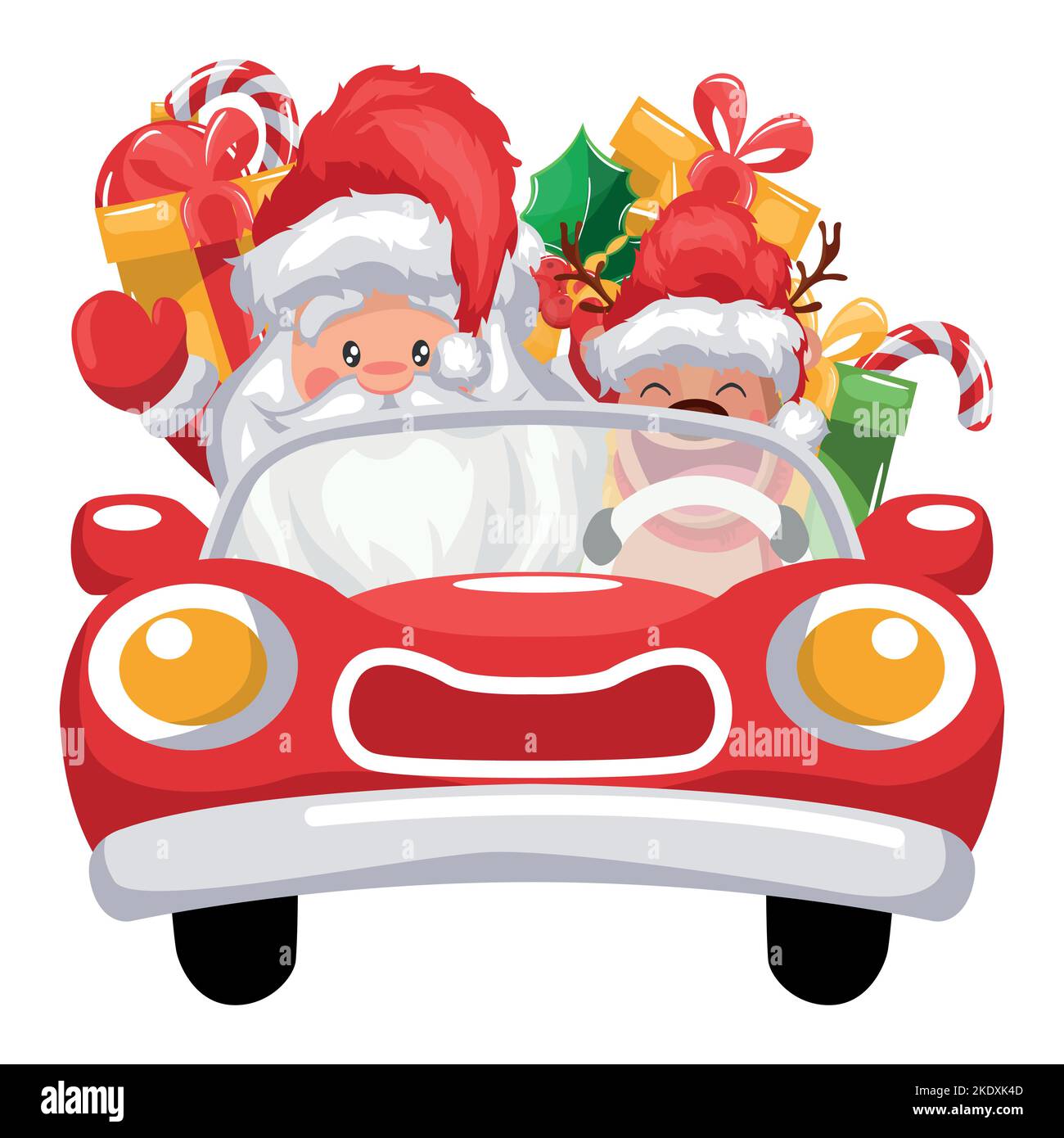 Santa claus driving car with reindeer delivering gifts for merry ...