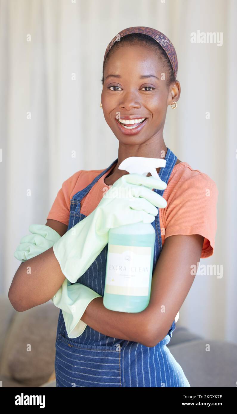 Black woman, spring cleaning service and spray bottle for housekeeping ...