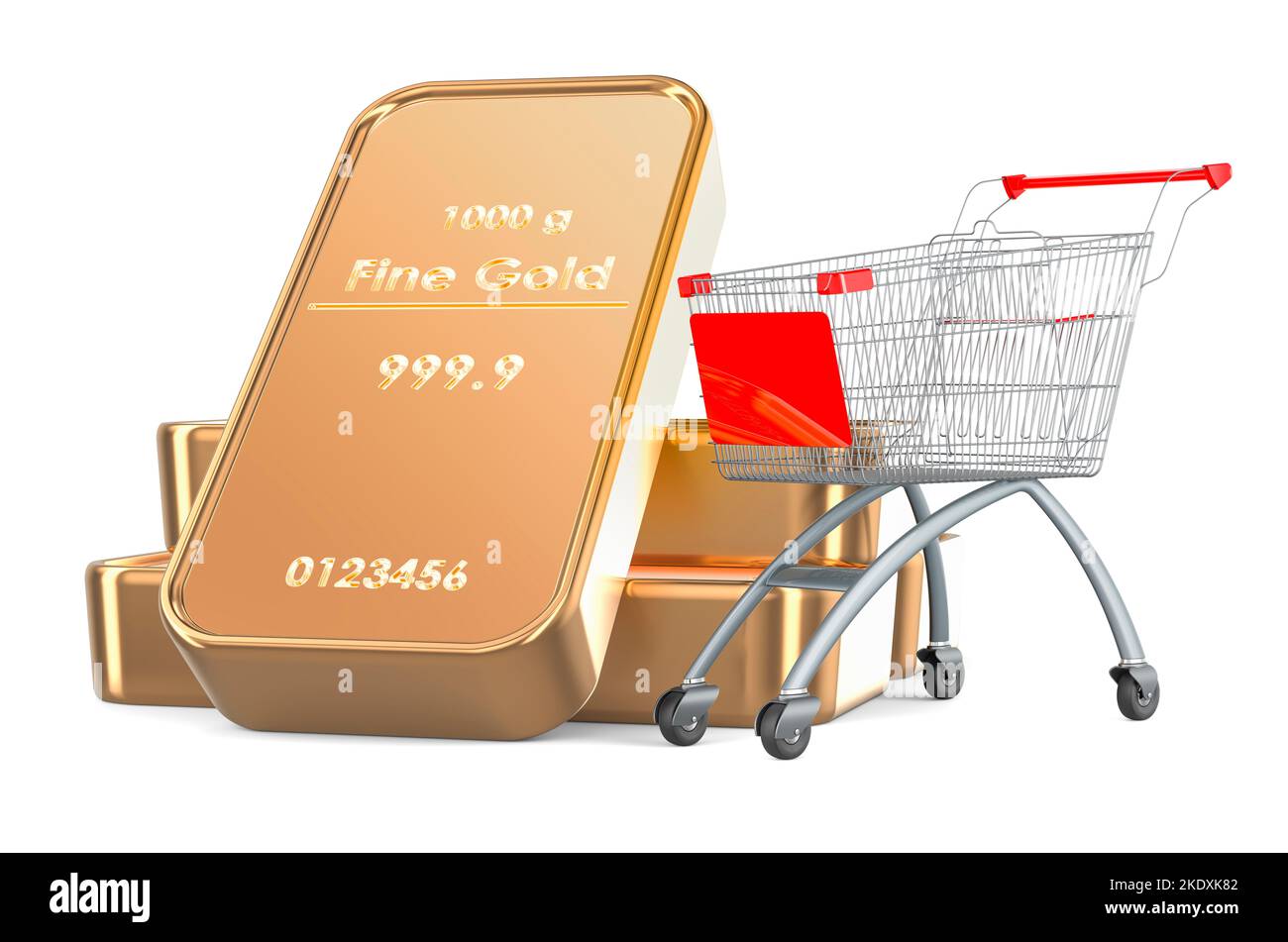 Shopping cart with gold ingots. 3D rendering isolated on white ...
