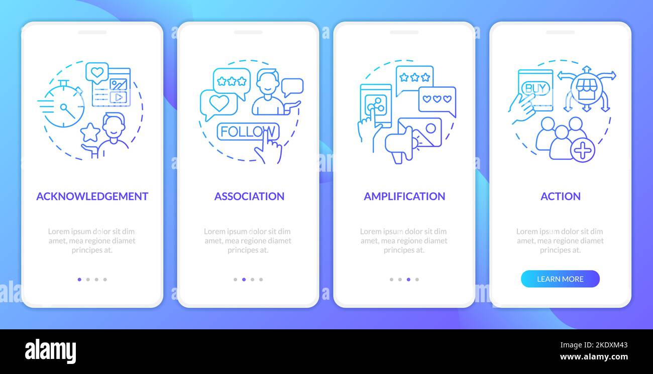 Types of social media interaction blue gradient onboarding mobile app ...