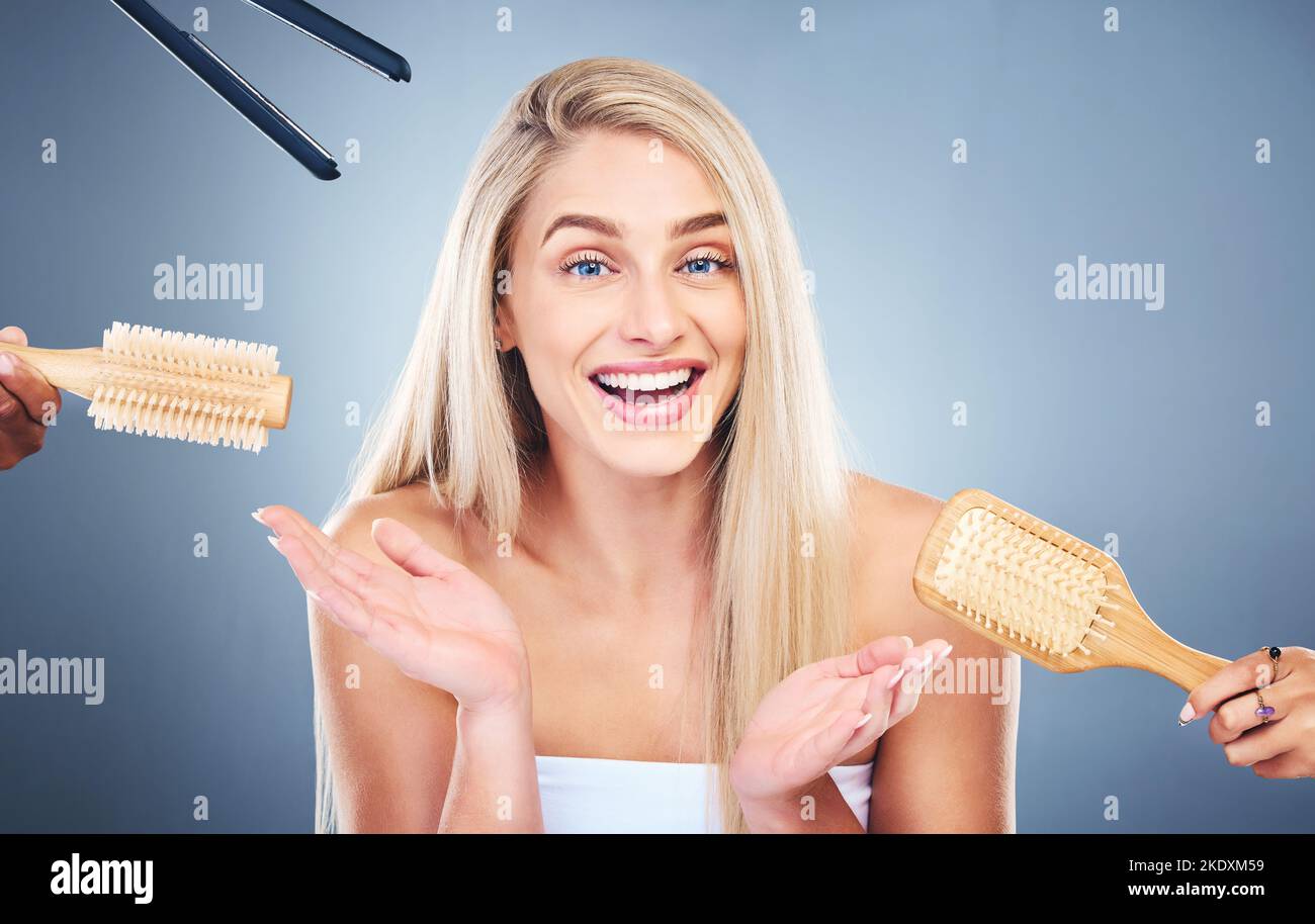 Studio makeover, hair and beauty with woman looking happy about hair ...