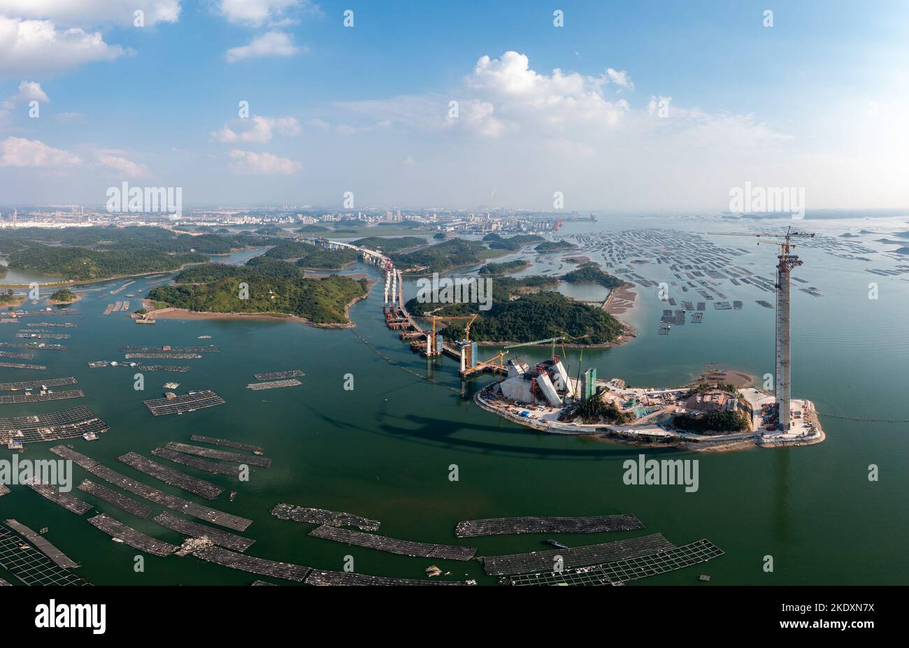 Aerial photos show the Longmen Bridge in construction in Qin zhou City ...