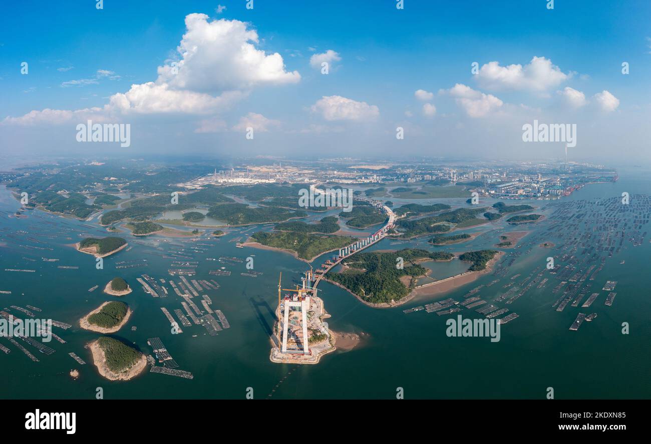 Aerial photos show the Longmen Bridge in construction in Qin zhou City ...