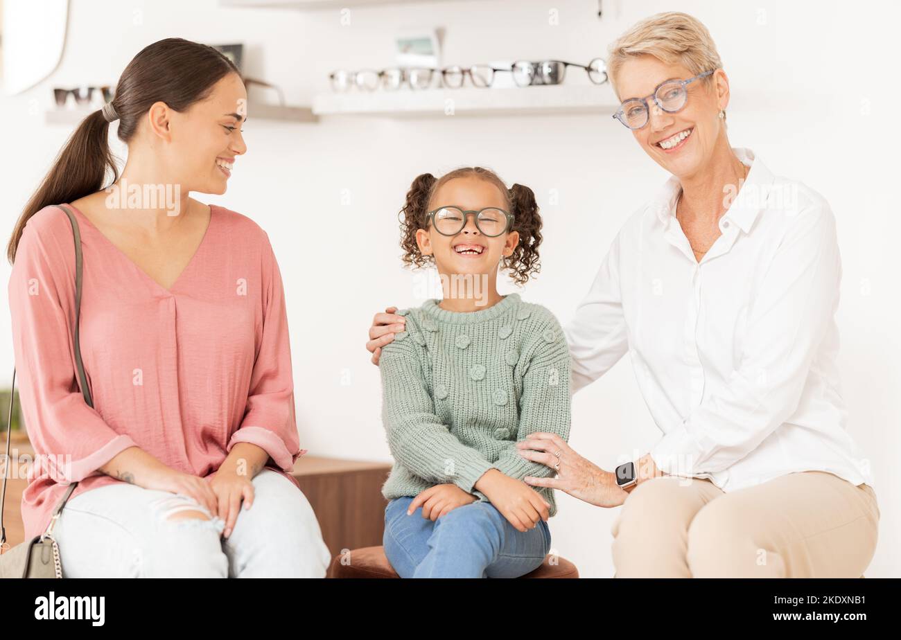 Children, glasses and optometry with a mother and daughter at the ...