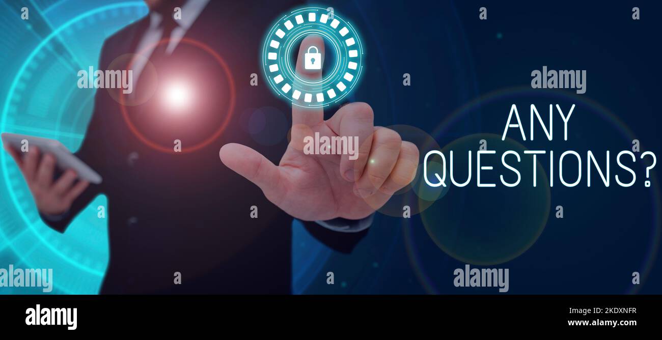 Text sign showing Any Questions Question, Conceptual photo Allowing any ...